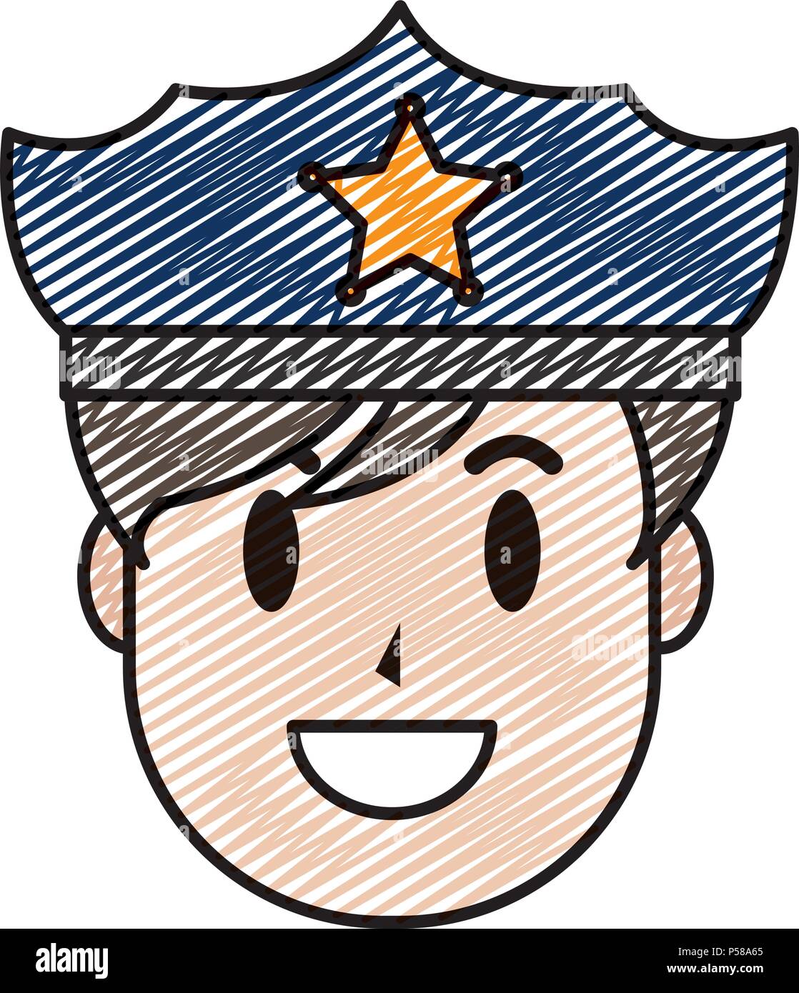 doodle happy policeman head with hat and hairstyle vector illustration ...
