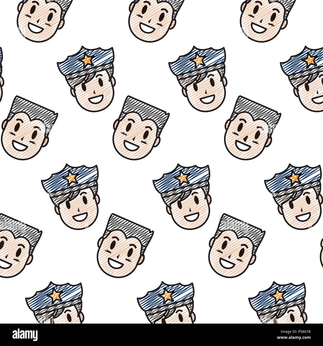 doodle happy policeman and man heads background vector illustration ...