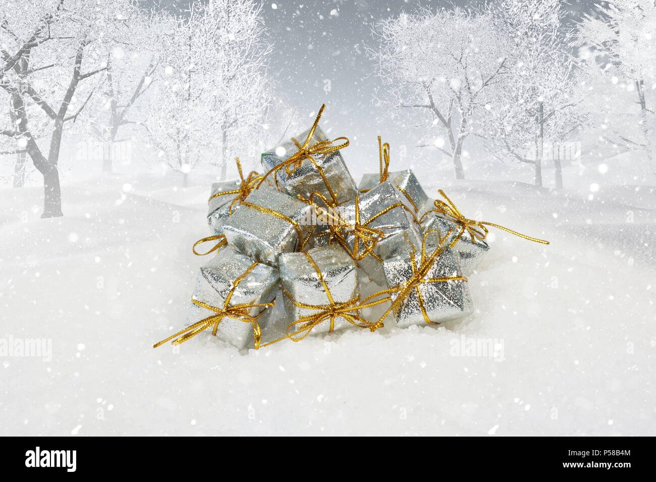 Christmas gifts in a 3D snowy landscape Stock Photo - Alamy