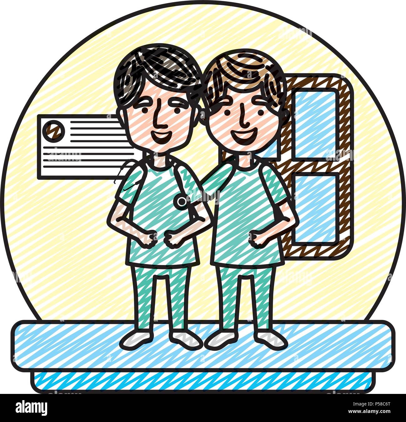 doodle happy men doctors with medicine uniform vector illustration ...