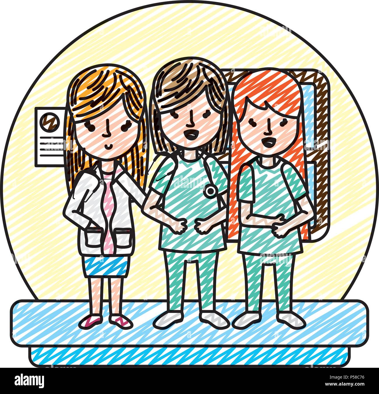 doodle nice women doctors occupation with uniform vector illustration ...