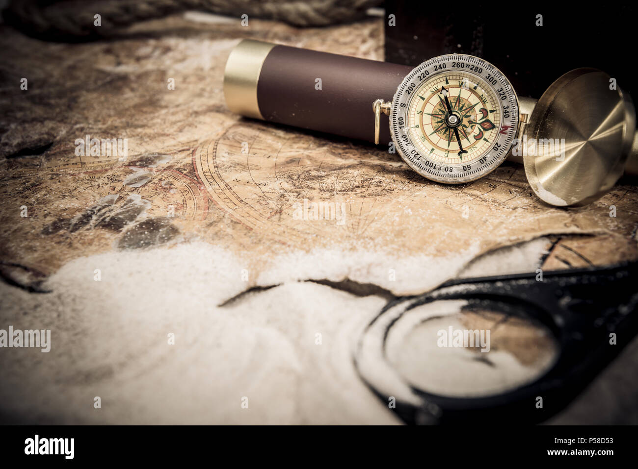 Columbus day. Pirates and treasure with worldmap and discovery ...