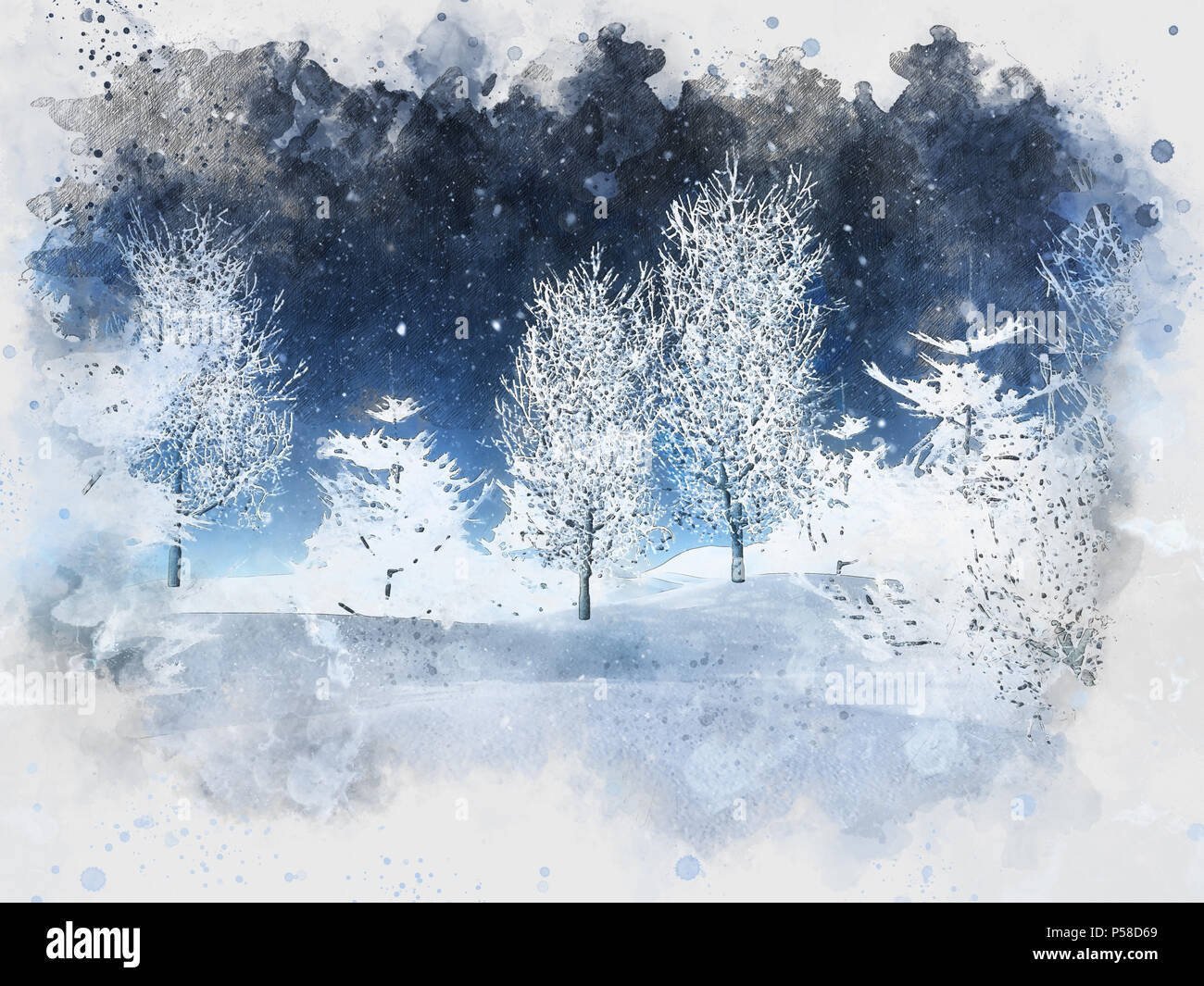 Watercolor Painting Landscape Winter