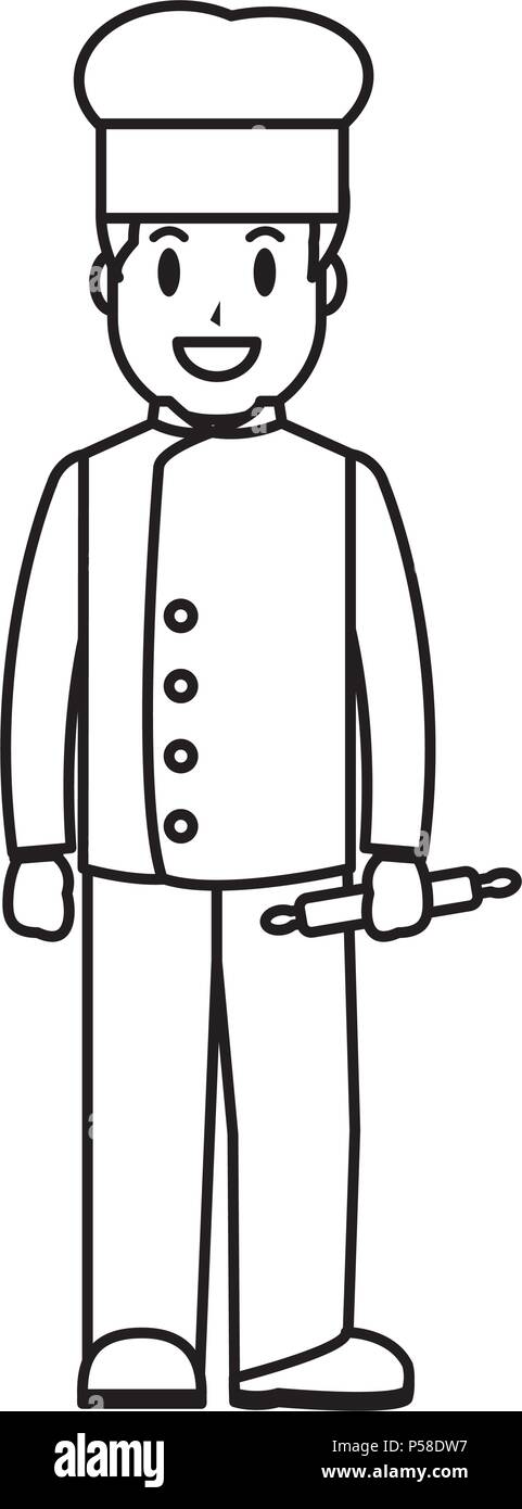 line professional chef with rolling pin and uniform vector illustration ...