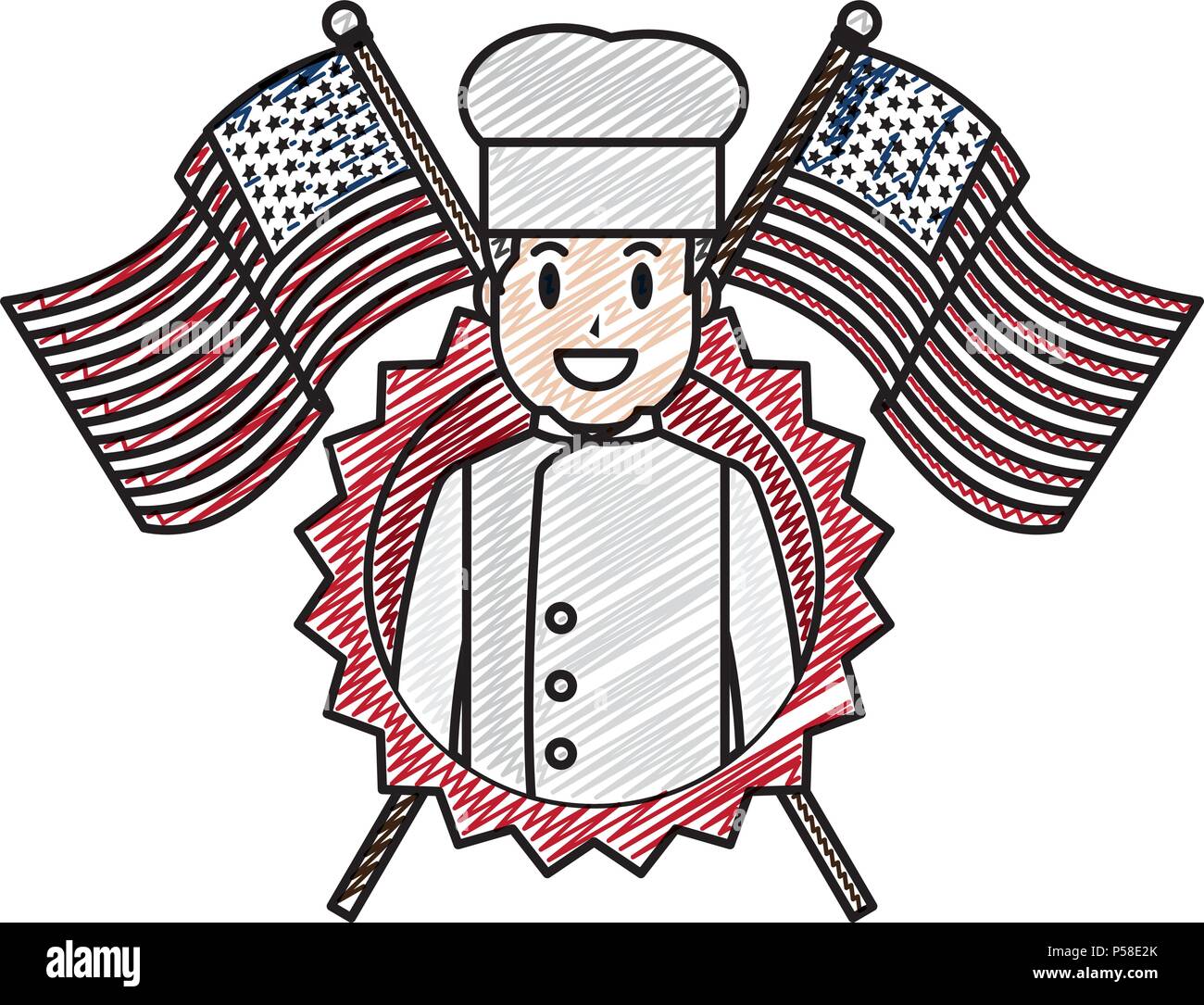 doodle chef with usa flags and nation emblem vector illustration Stock ...