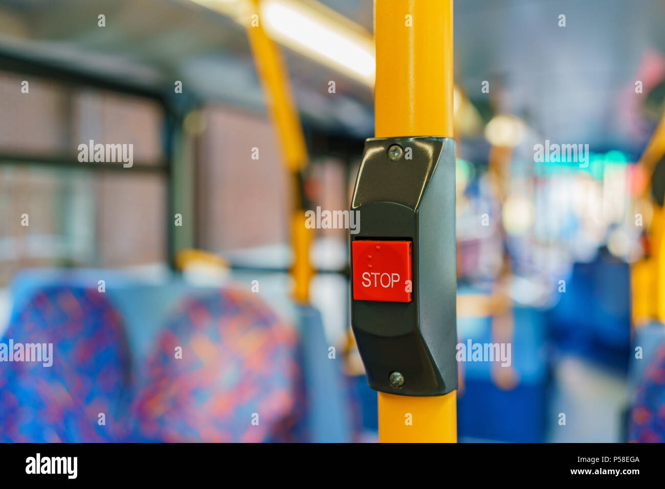 Interior view of a bus with the stop ring at London, United Kingdom ...