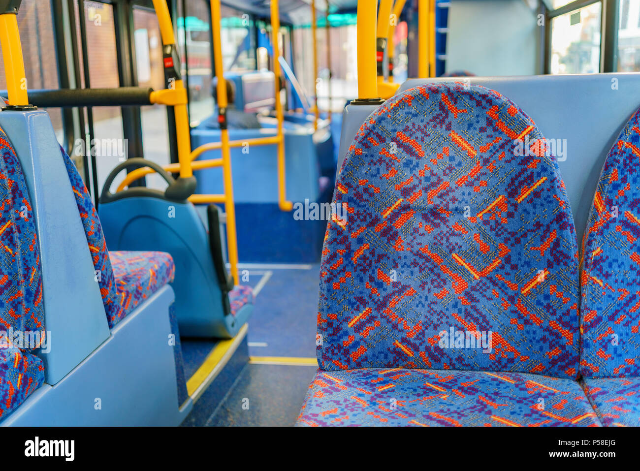 Interior view of a bus with empty seat at London, United Kingdom Stock ...