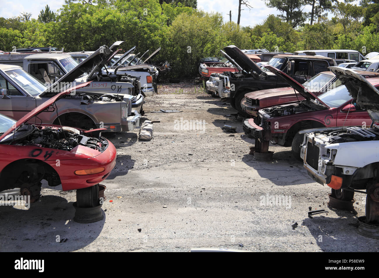 Rusty old junk cars in a row at junkyard Stock Photo - Alamy