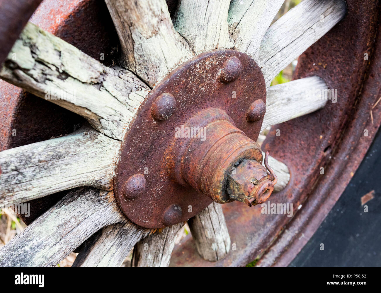 Vintage antique automotive tractor wood wheel spokes and hub covered in ...