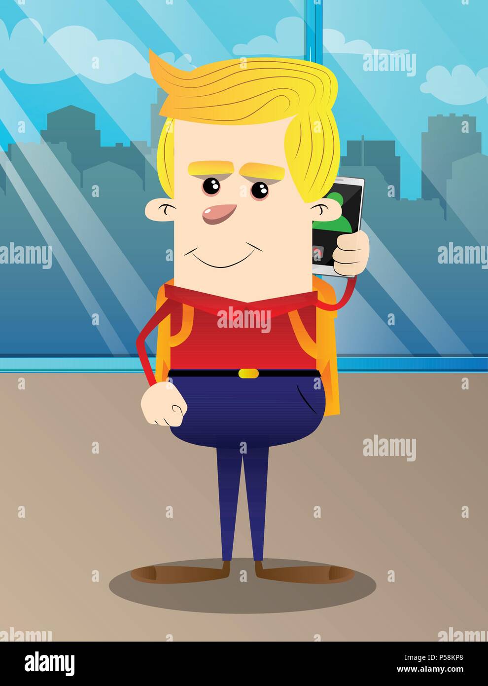 Schoolboy talking on cell phone. Vector cartoon character illustration ...