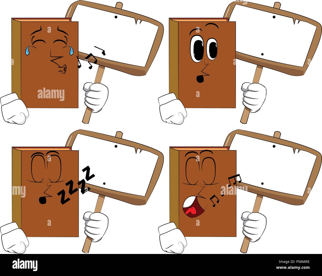 Books holding blank sign. Cartoon book collection with various faces ...