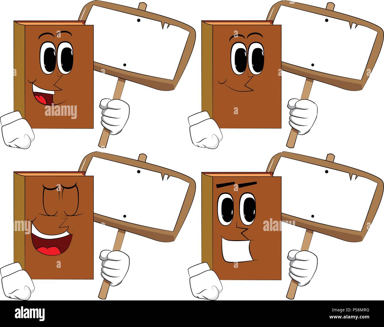 Books holding blank sign. Cartoon book collection with happy faces ...