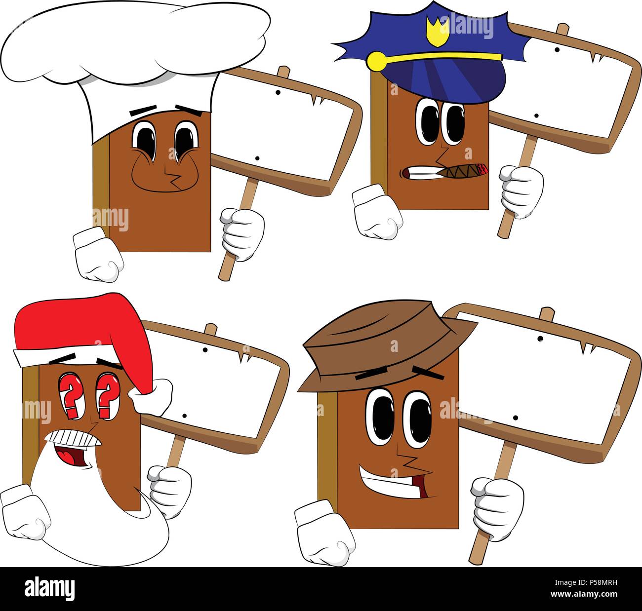 Books holding blank sign. Cartoon book collection with costume faces ...