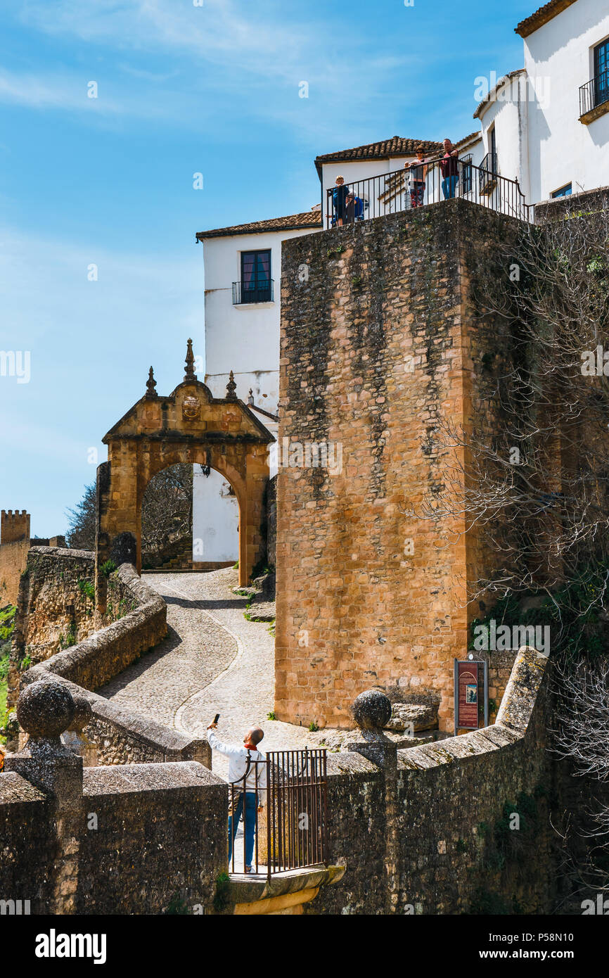 Ronda, Spain, April 05, 2018: facades of historic buildings in historic ...