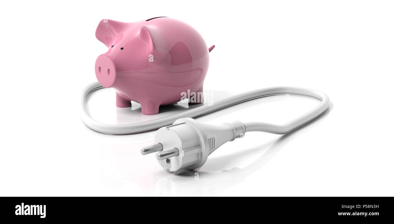Energy cost savings. Power plug and piggy bank isolated on white ...