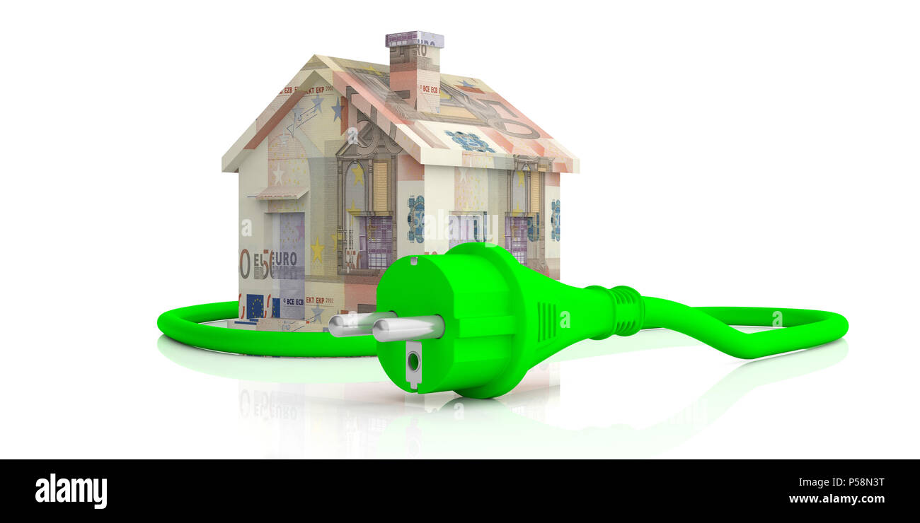 Green energy money savings. Euro banknotes house and green electric ...