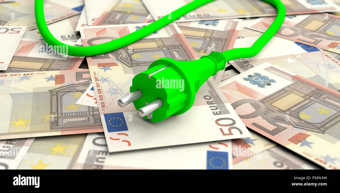 Green energy money savings. Green electric power plug on euros ...