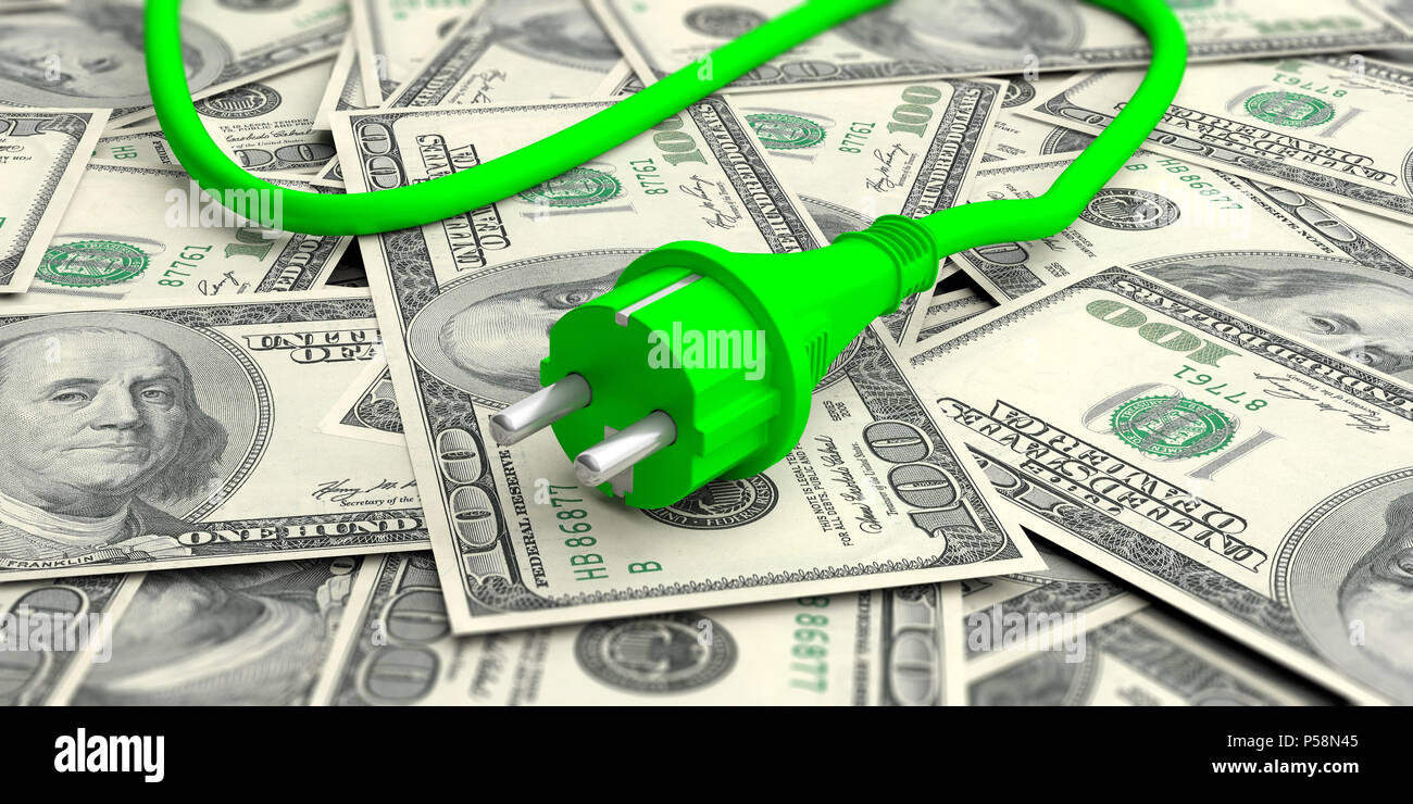 Green energy money savings. Green electric power plug on American ...