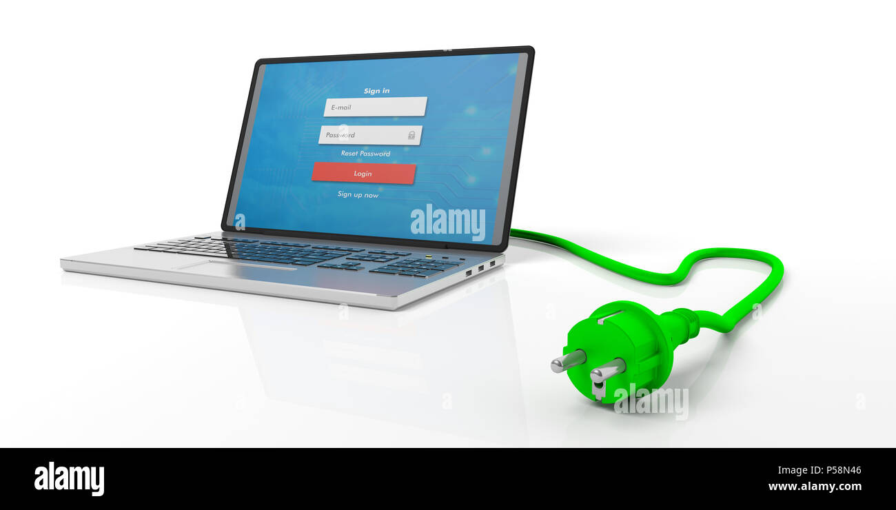 Green electric power plug on computer laptop isolated on white ...