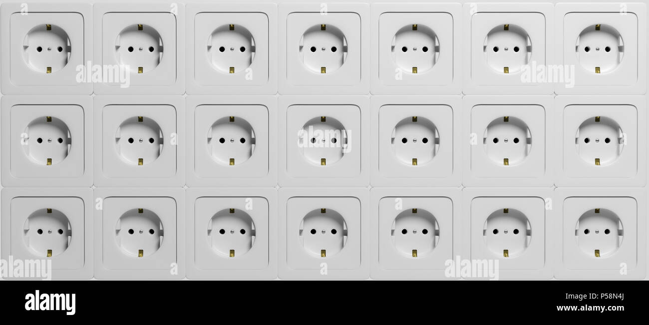 White electric power sockets, european type, background. 3d ...