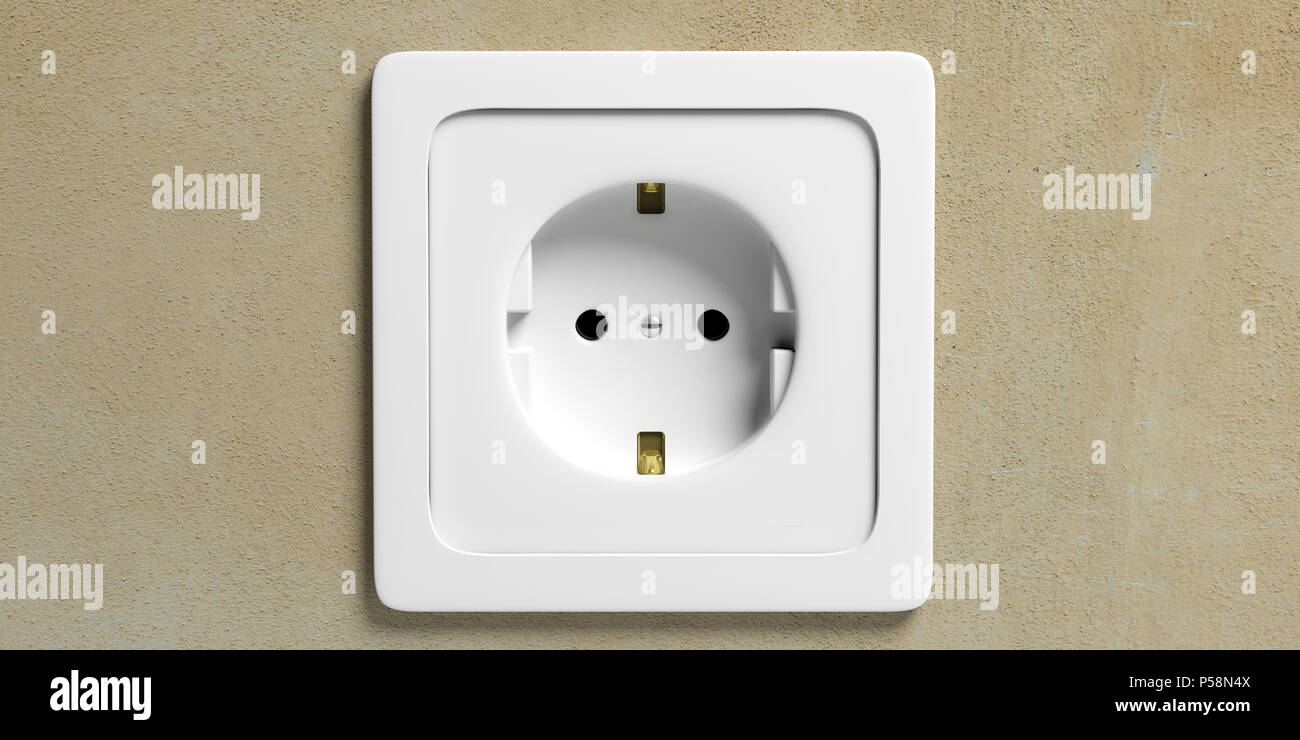 White electric power socket isolated on beige color wall, front view ...