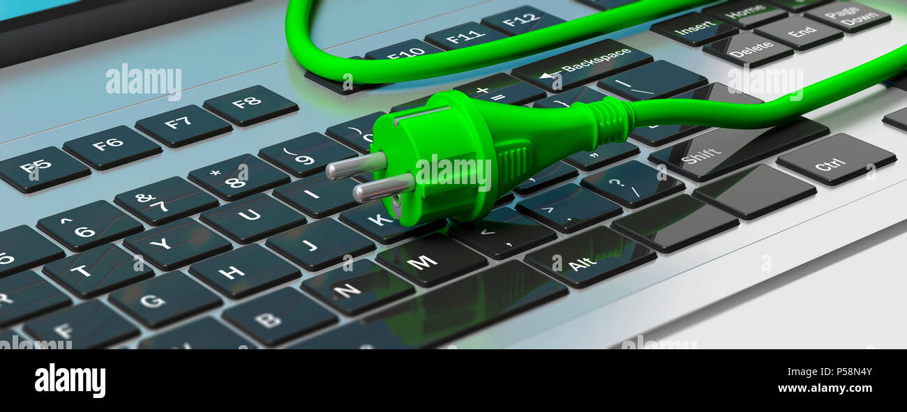Green electric power plug on computer laptop, banner. 3d illustration ...