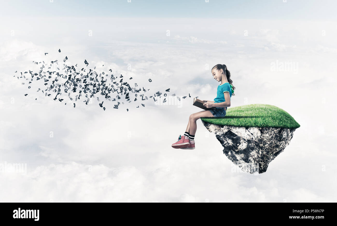 Cute smiling teenage girl on floating in sky island reading book Stock ...