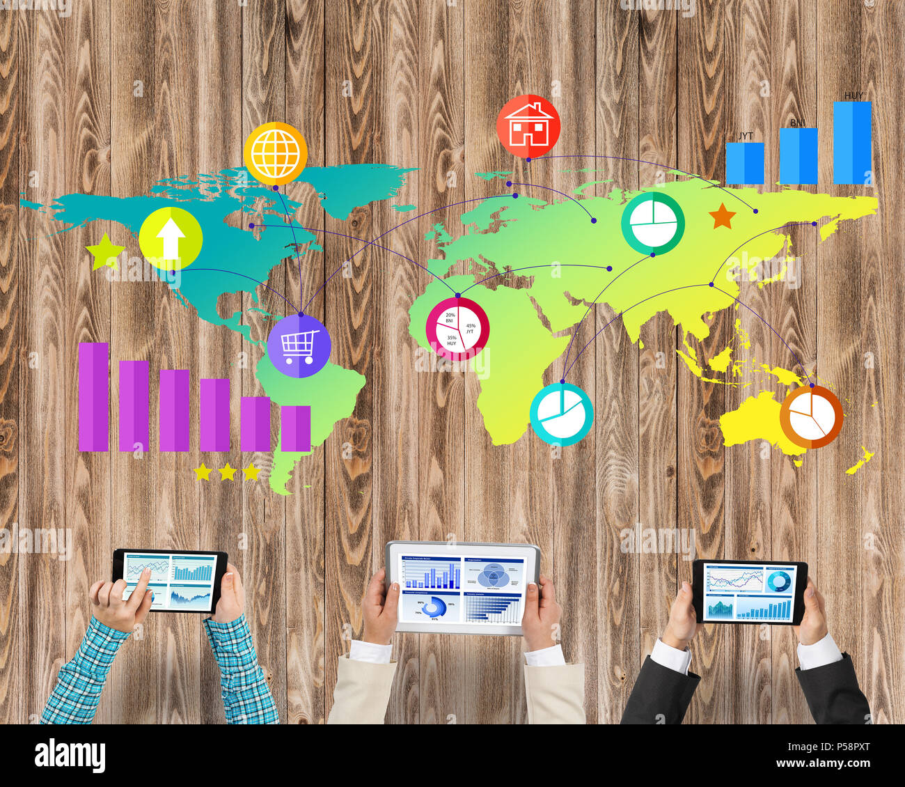 Group of three people with devices in hands working together as symbol ...