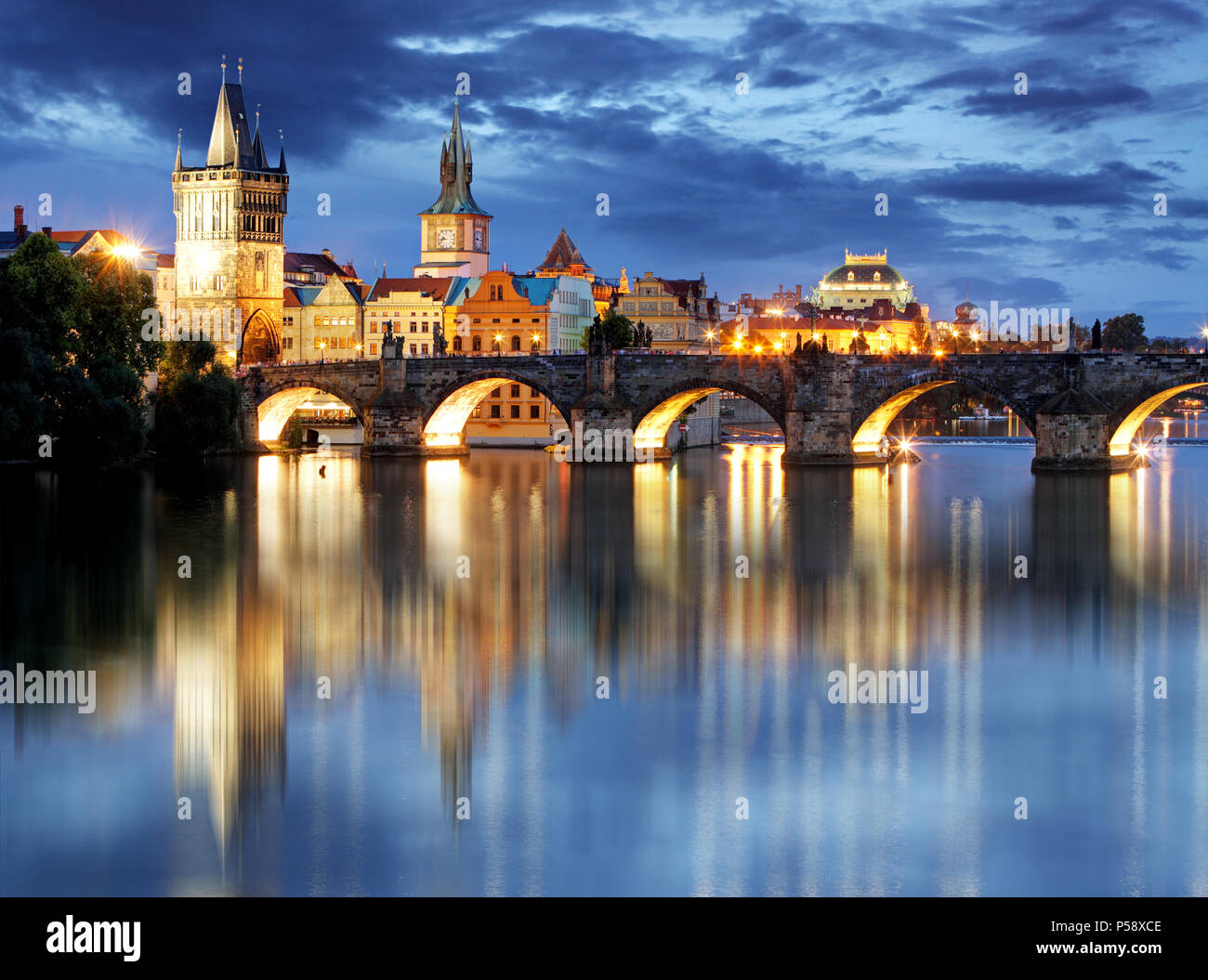 Prague bridge at night Stock Photo - Alamy