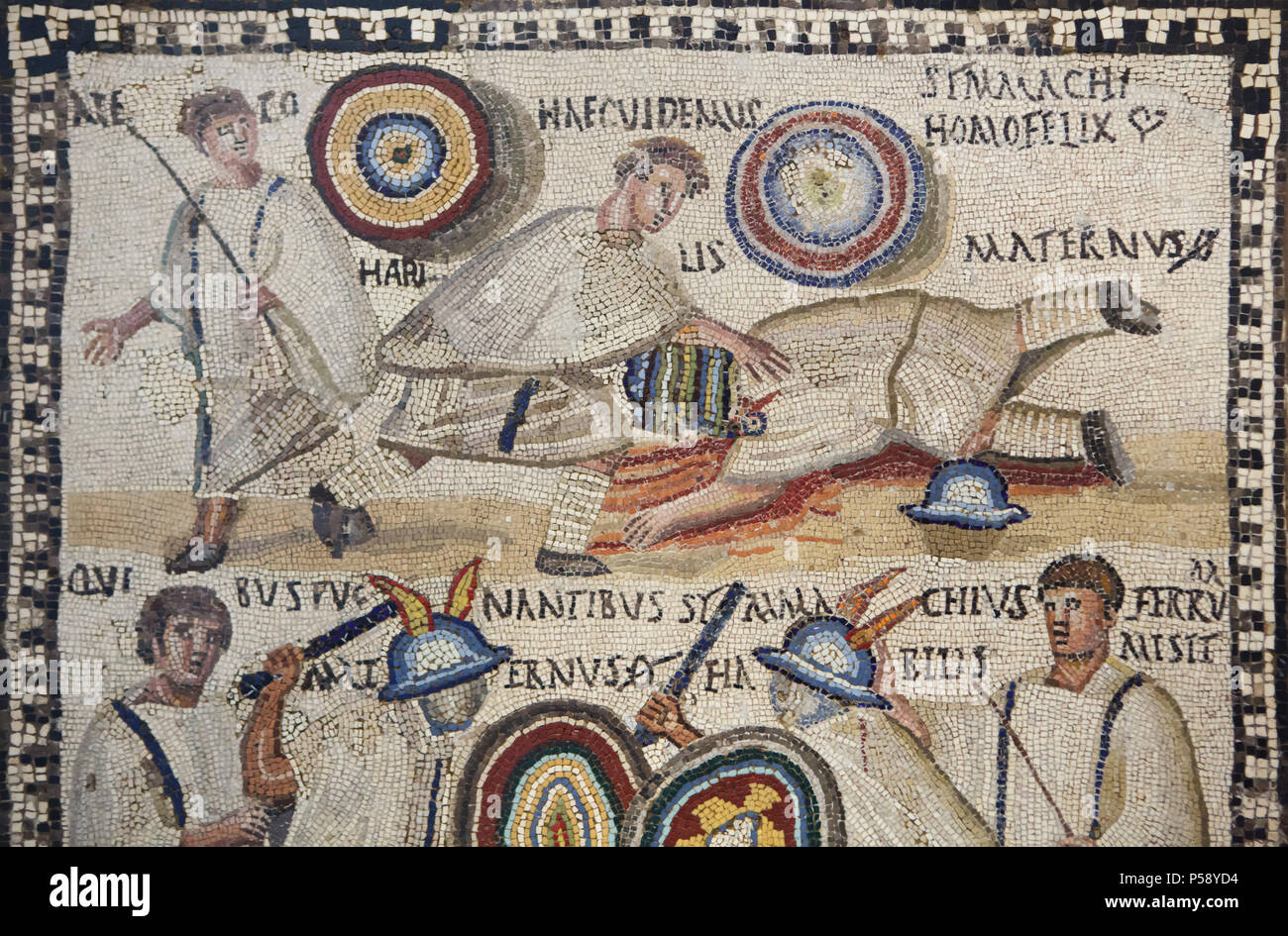 Gladiator fight depicted in the Roman mosaic from the 3rd century AD on ...