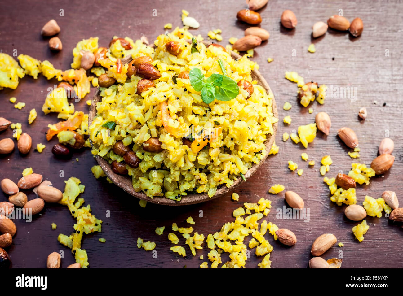 Close up of Indian popular brunch dish in a clay bowl with dried fried ...