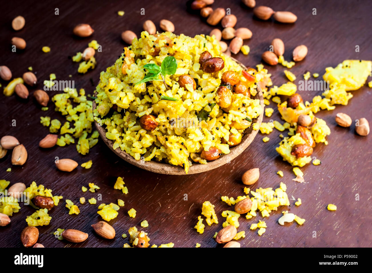 Close up of Indian popular brunch dish in a clay bowl with dried fried ...