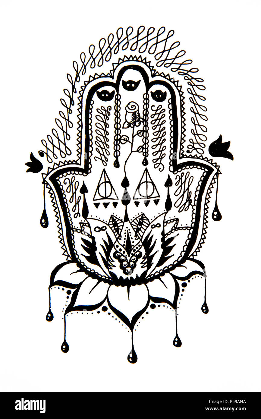 Hamsa decorative black and white hand drawing Stock Photo - Alamy