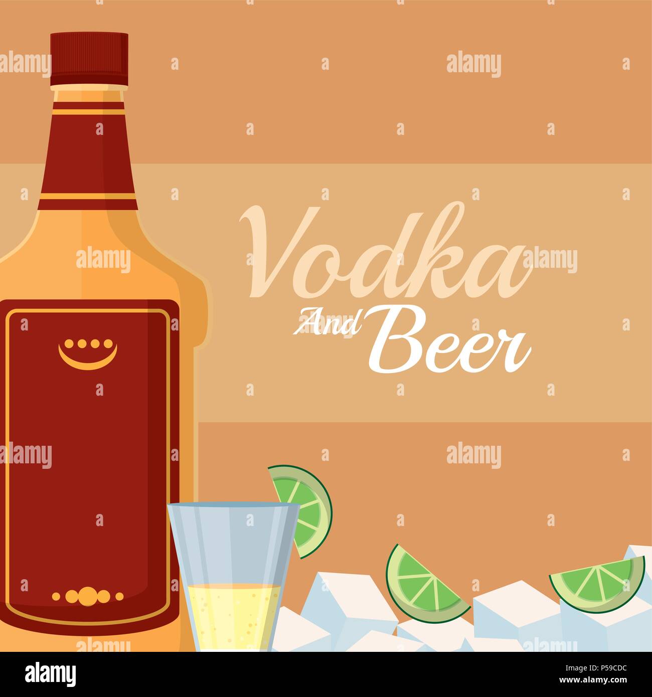 Vodka bottle with shots and ice cubes vector illustration graphic ...