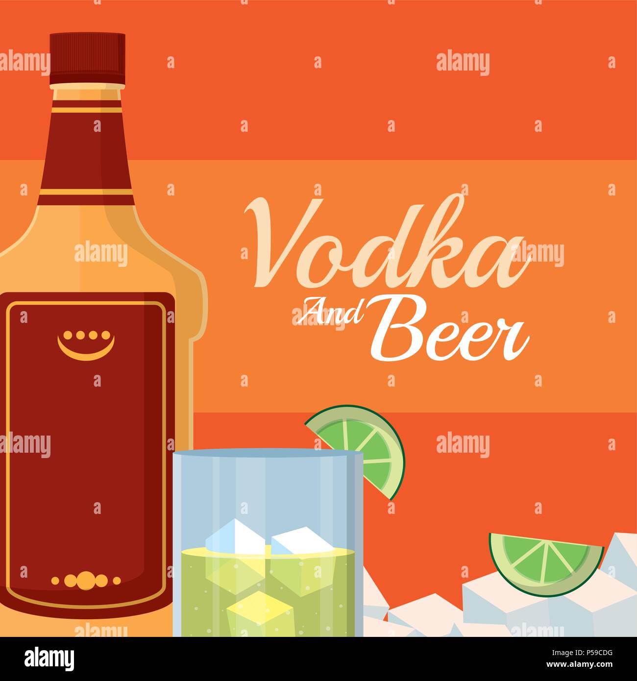 Vodka bottle with glass cup and lemons vector illustration graphic ...