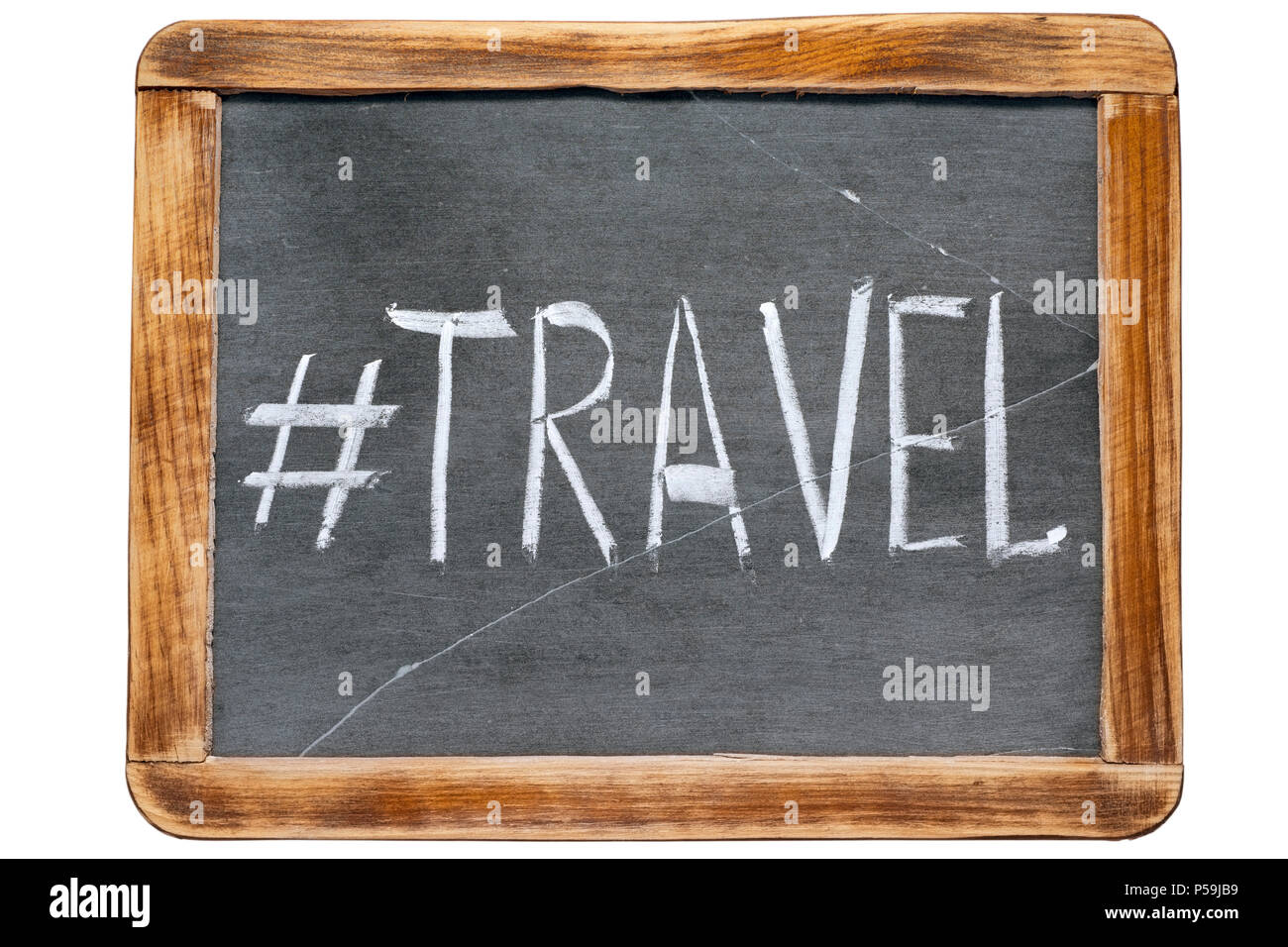travel hashtag handwritten on vintage school slate board isolated on ...