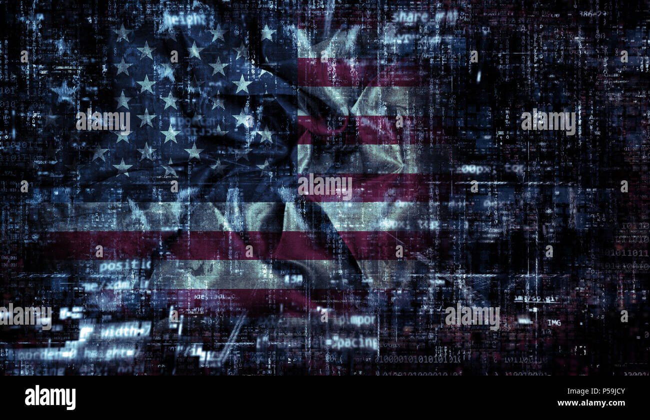 American flag background with folds and creases and a coding design ...