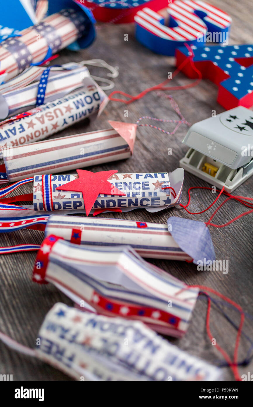 Paper firecrackers made from red, white and blue paper for July 4th ...