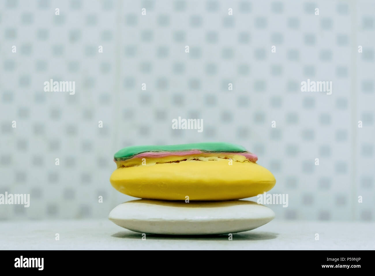 Close-up of soap and colorful soap in the toilet and bathroom, Layer of ...