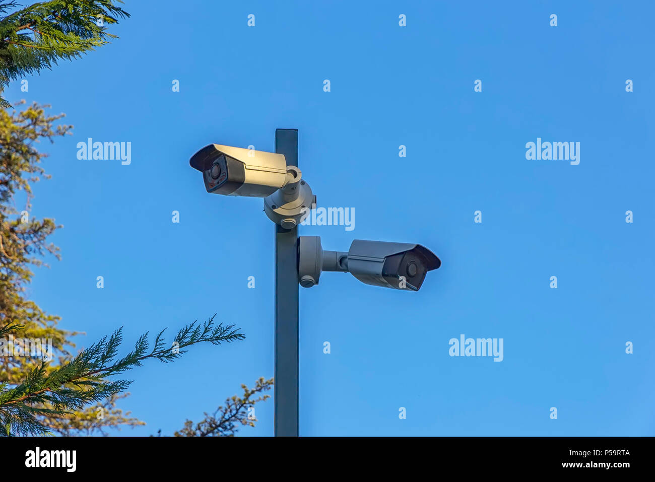 Security cctv cameras on pylon in blue background Stock Photo - Alamy