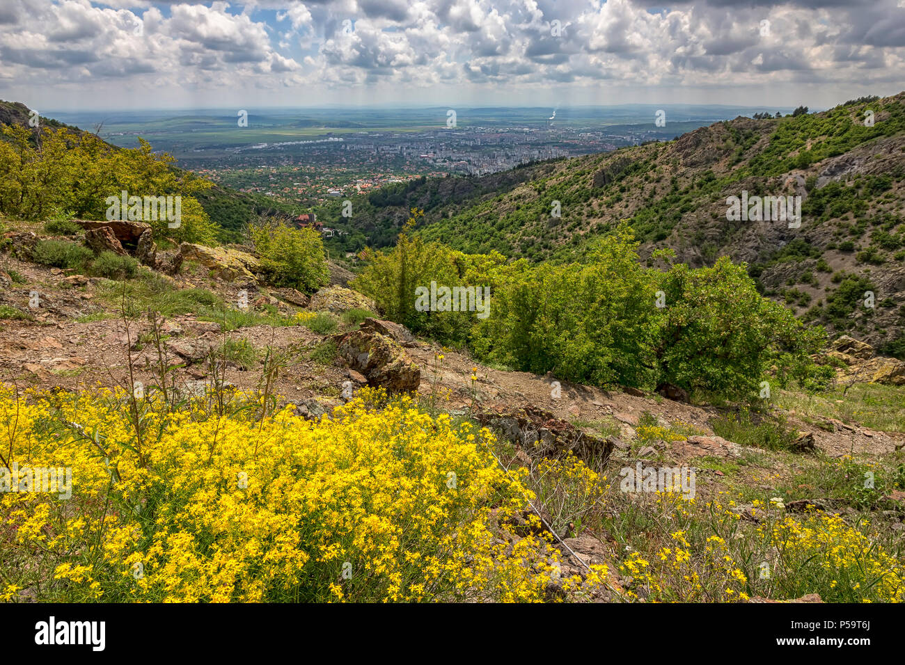 Spectacular view over the city from the top of the mountain. Sliven ...