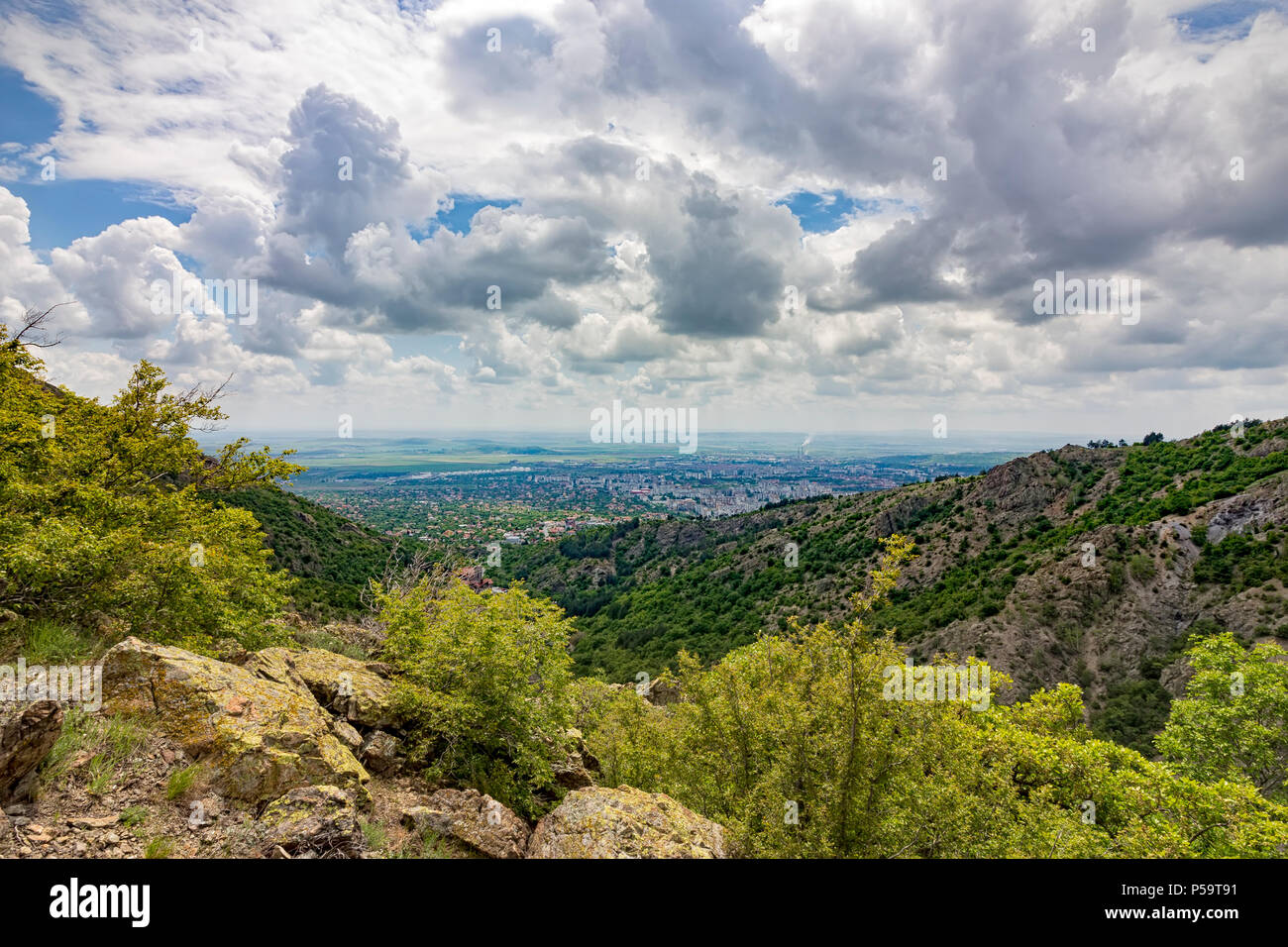 Spectacular view over the city from the top of the mountain. Sliven ...