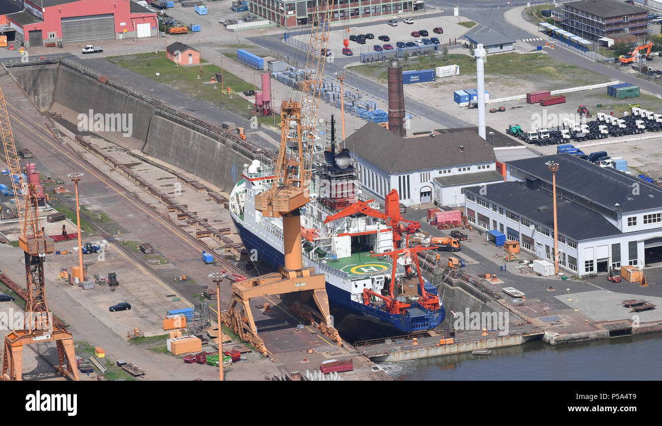 Germany, Bremerhaven. 15th June, 2018. The aerial view shows the ship ...