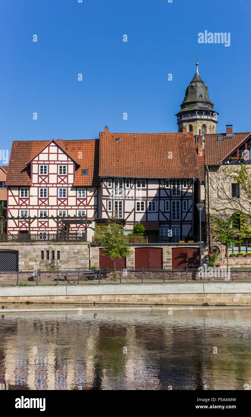 Historic houses at the Fulda river in Hann. Munden, Germany Stock Photo ...