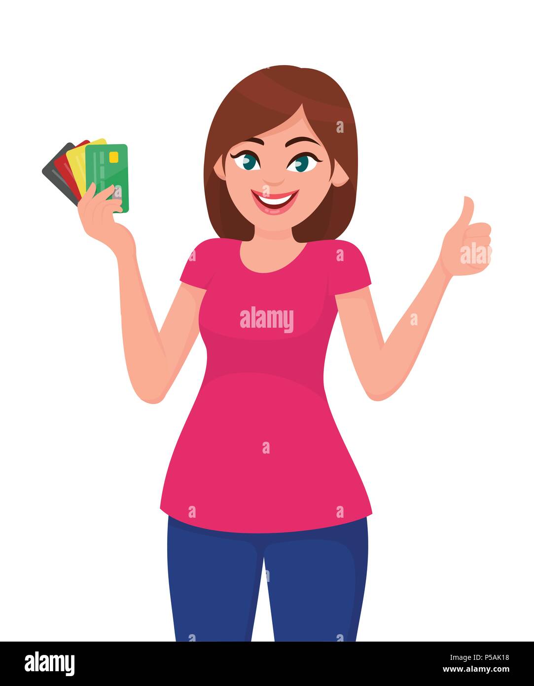 Pretty woman showing multi bank credit/debit cards in hand and ...