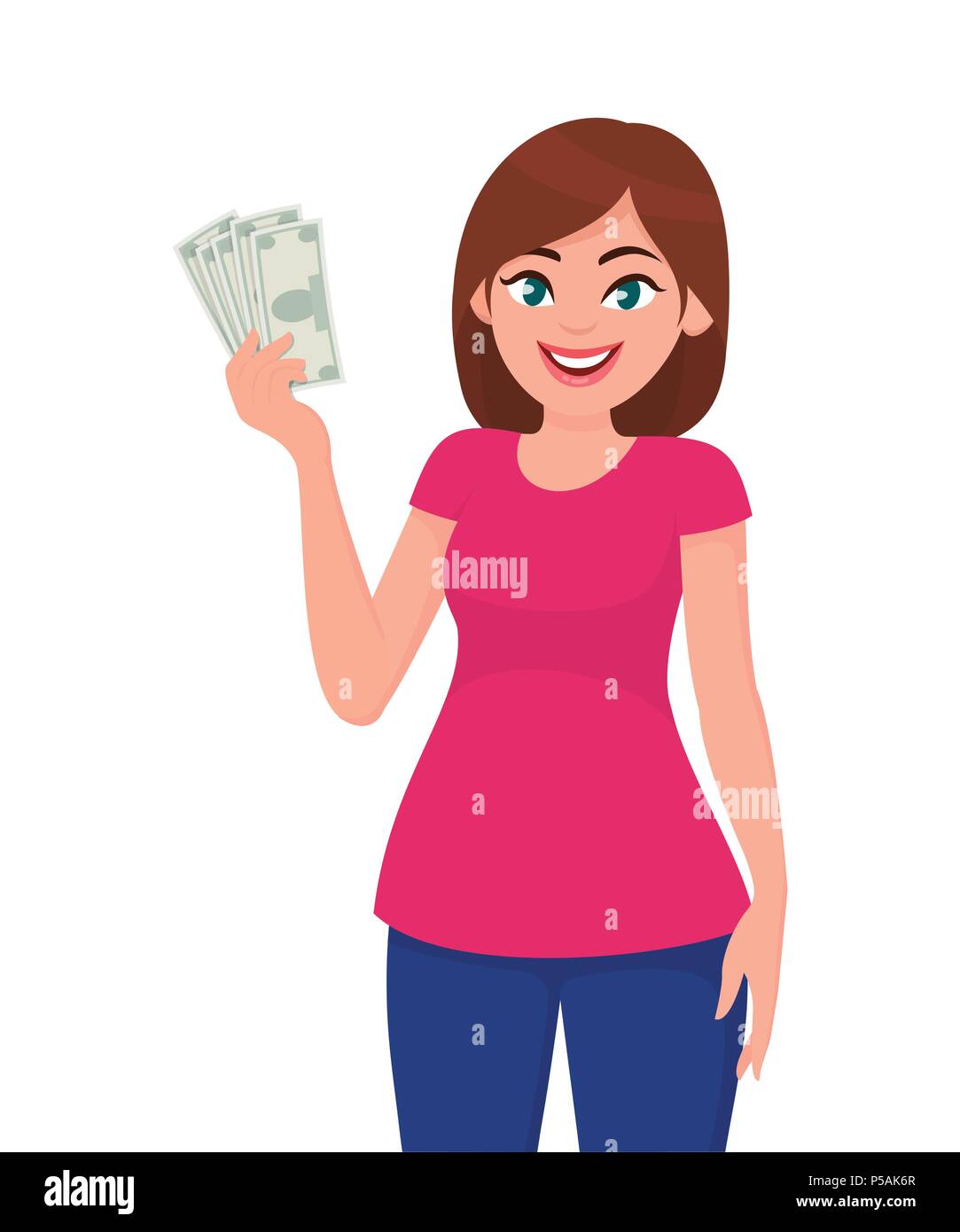 Young woman holding cash/currency/money in hand. Human emotion and body ...