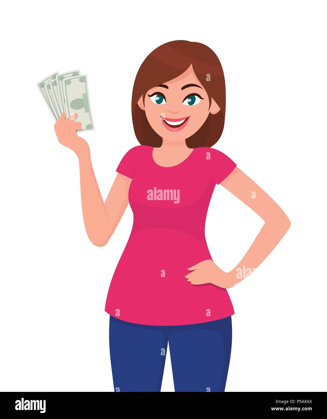 Young woman holding cash/currency/money in hand and keeping hand on ...