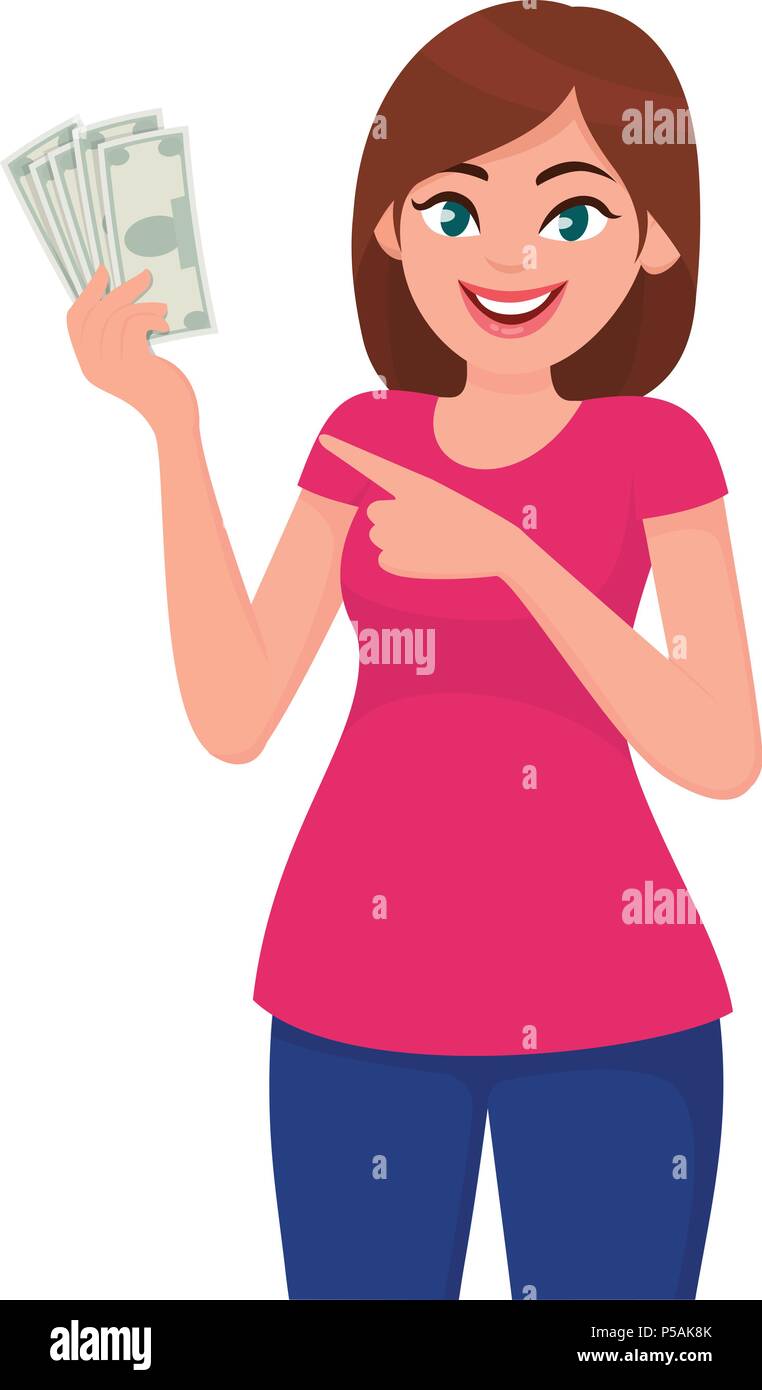 Young woman holding cash/currency/money in hand and pointing towards ...