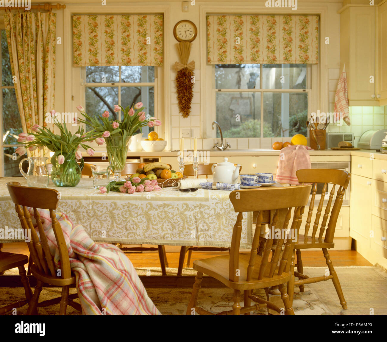 Floral striped blind on windows in traditional kitchen dining room with ...