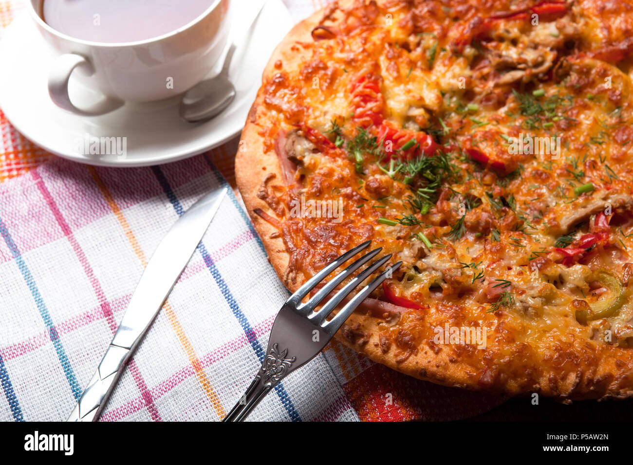 breakfast pizza and tea close up Stock Photo - Alamy